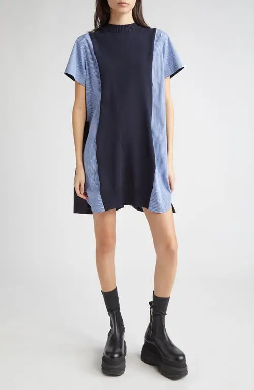 Sacai Mixed Media Knit & Poplin Dress In Navy/Blue Stripe - 40